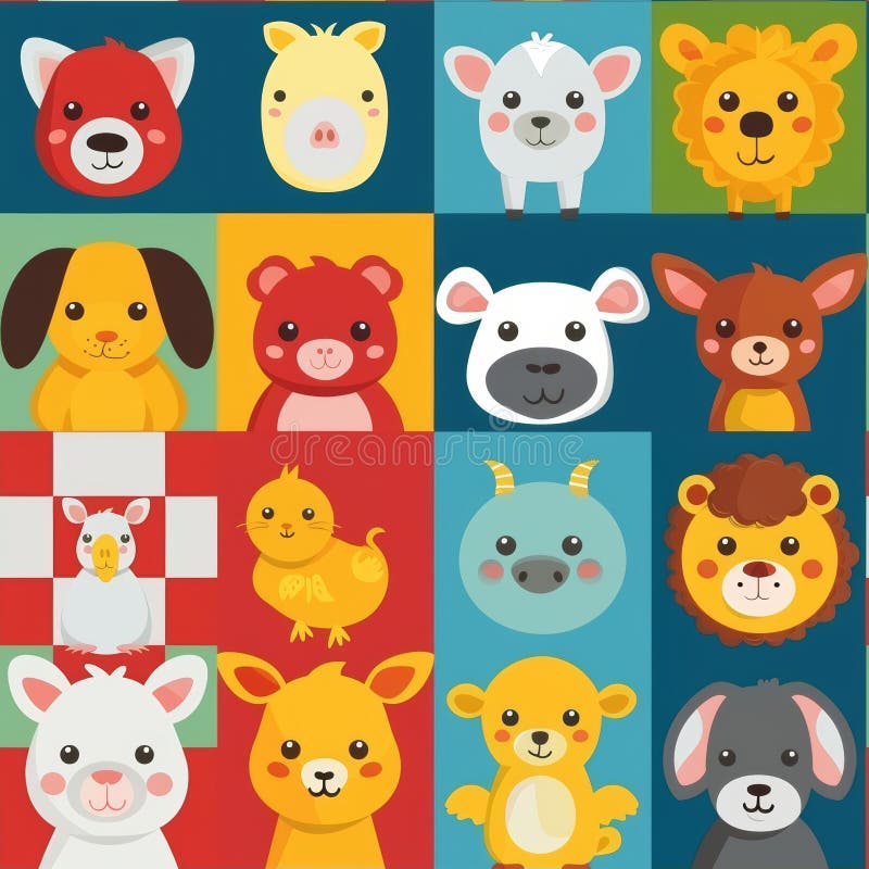 Front View of Cheerful Domestic Animal Faces in Checkerboard Layout ...