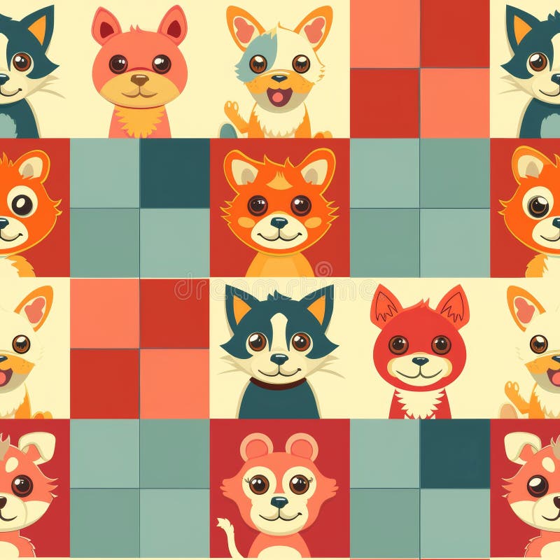 Front View of Cheerful Domestic Animal Faces in a Checkerboard Layout ...