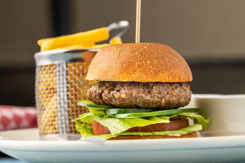 Front View of Classic Burger with Fries on White Porcelain Plate Stock ...