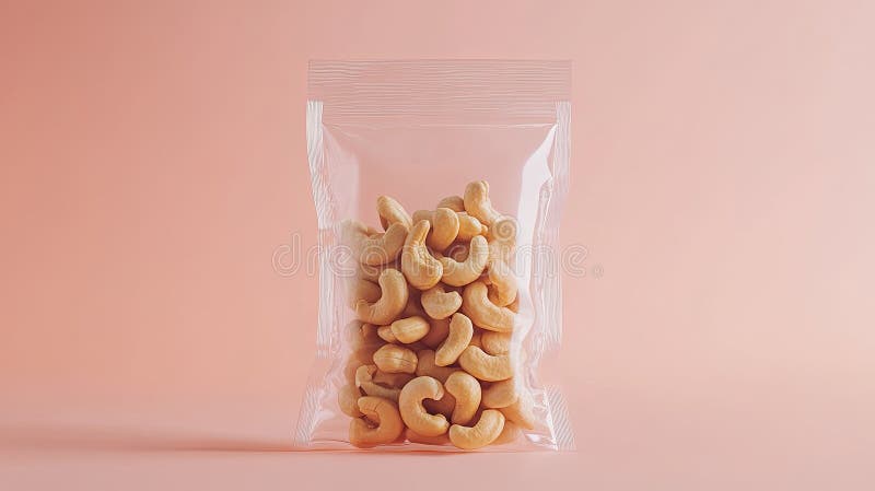 Front View Clear Plastic Bag with Cashew Nuts Inside, Pastel Background ...