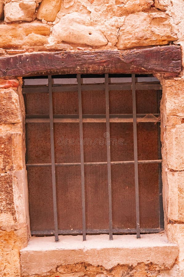 Closed, Iron Bared Window with Lumber Header, in Stone Wall of a Prison ...