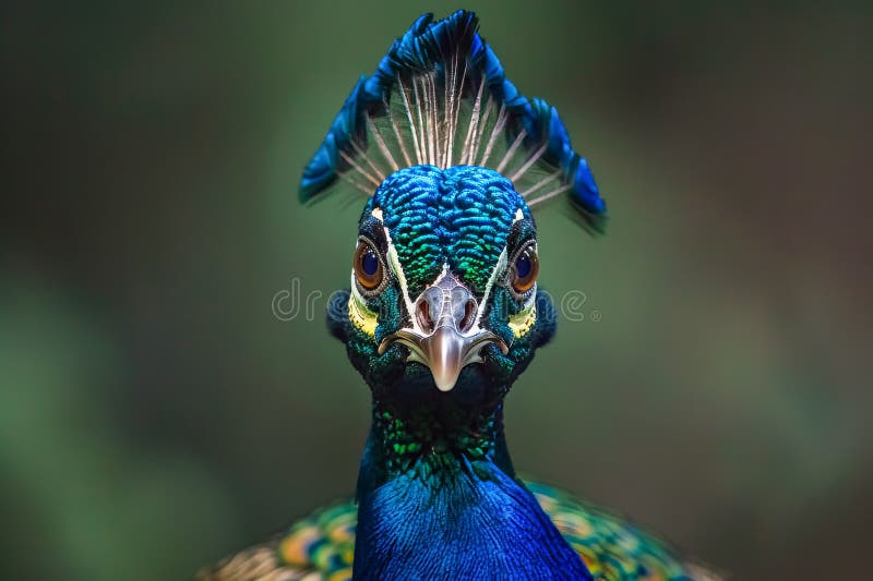 Front View Close-up Portrait of Colorful Peacock on Natural Blurred ...