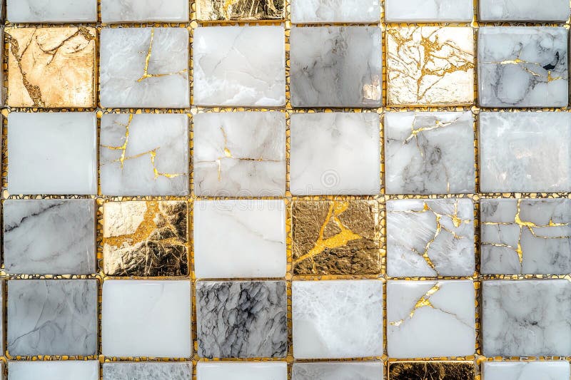 Front View Closeup White and Gold Texture Mosaic Tiles on Luxury Wall ...