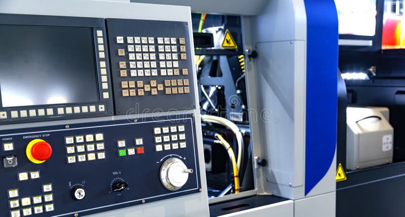 Front View of Cnc Machine, Control Panel and Working Area of Lathe ...