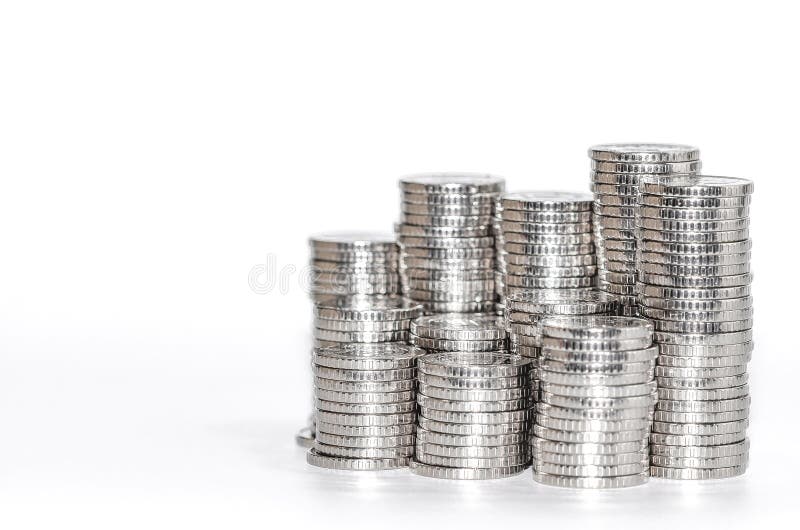 Front View Columns of Silver Coins. Isolated on White. Idea of Business ...