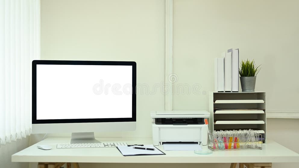 Front View of Computer Pc with Blank Monitor, Reports and Test Tubes on ...