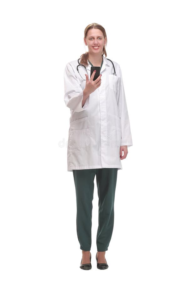 Front View of Concentrated Beautiful Female Doctor Reading Text Message ...