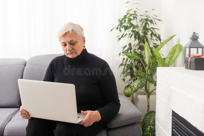 Front View Concentrated Pleasant Mature Older Woman Looking at Computer ... Front View Concentrated Pleasant Mature Older Woman Looking at Computer ...