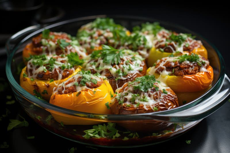 Front View of Cooked Peppers with Ground Beef on a Meal of Gray Surface ...