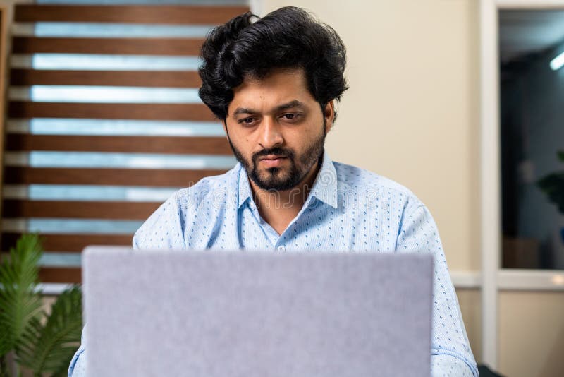 Front View of Corporate Employee or Entrepreneur Seriously Working on ...