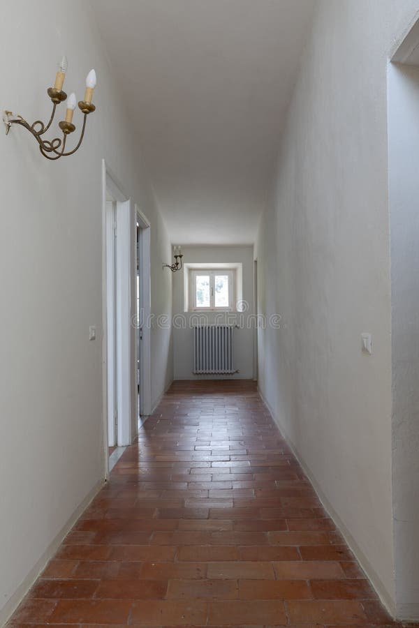 Front View of a Corridor Inside an Ancient Villa. Terracotta Floor and ...