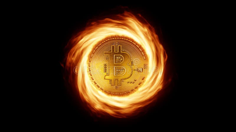 Front View of Cryptocurrency, Bitcoin Burning Swirl on Fire on Black ...