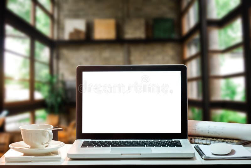 Front View Workspace with Computer, Stock Image - Image of concept ...