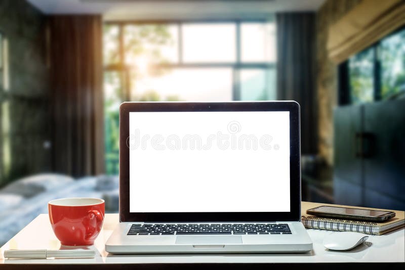 Front View Workspace with Computer, Stock Image - Image of desktop ...