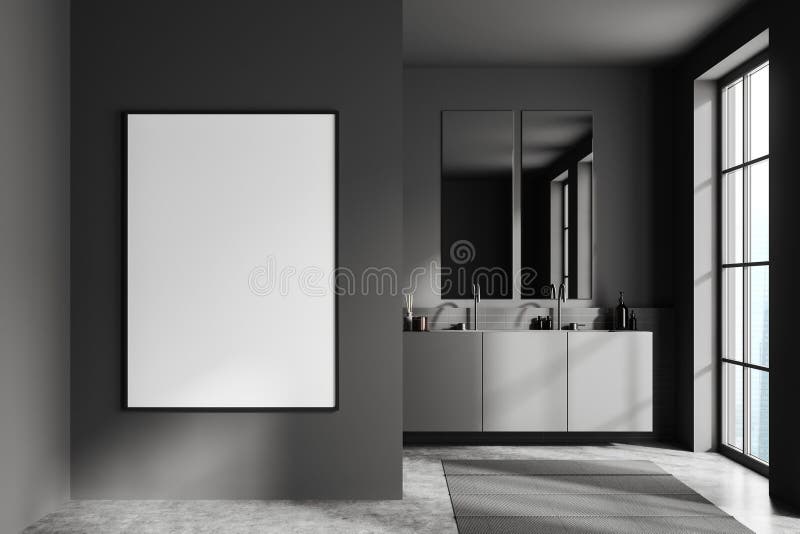 Front View on Dark Bathroom Interior with Empty White Canvas Stock ...