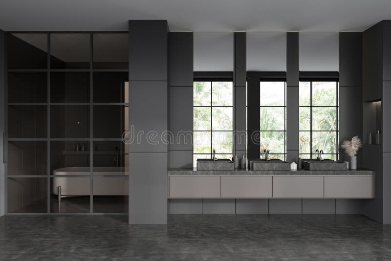 Front View on Dark Bathroom Interior with Three Mirrors, Bathtub Stock ...