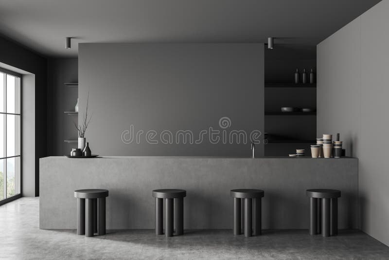 Front View on Dark Cafe Interior with Empty Grey Wall Stock ...