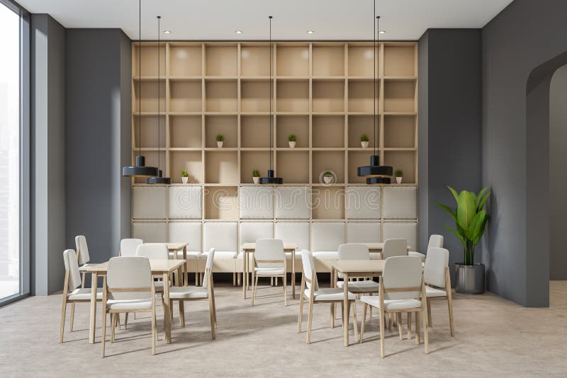 Front View on Dark Cafe Interior with Tables with Chairs Stock ...