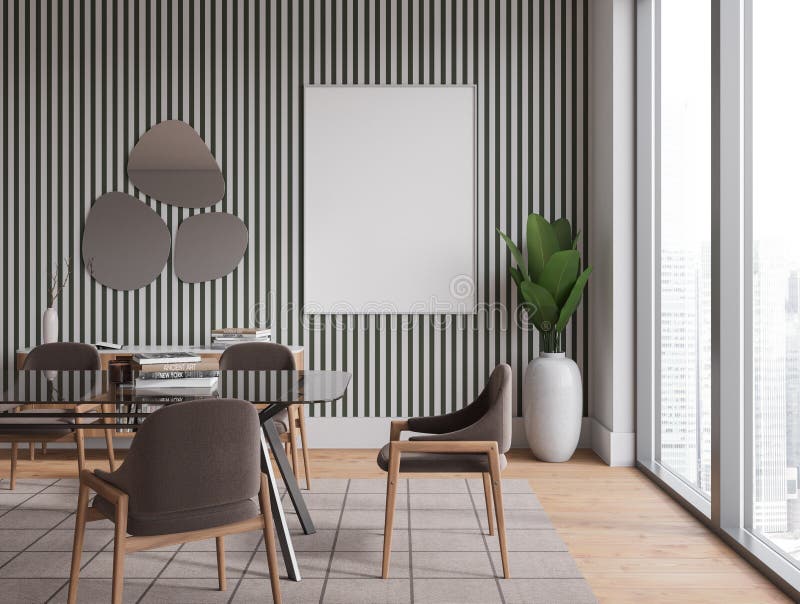 Front View on Dark Dining Room Interior with Empty Poster Stock ...