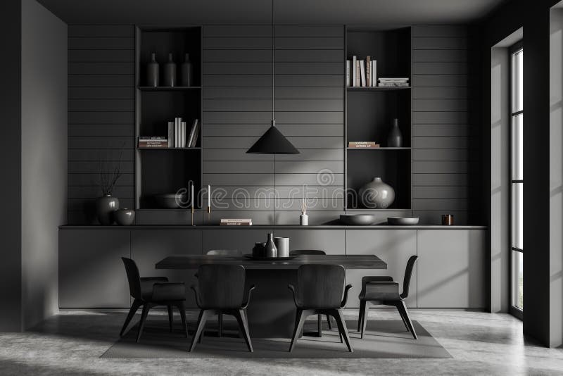 Front View on Dark Dining Room Interior with Dining Table Stock ...