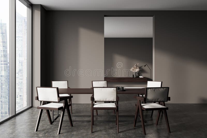 Front View on Dark Dining Room Interior with Dining Table Stock ...