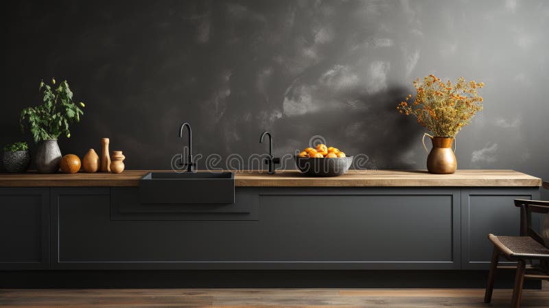 Front View on Dark Kitchen Interior with Empty Grey Wall. Ai Generative ...