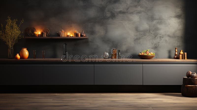Front View on Dark Kitchen Interior with Empty Grey Wall. Ai Generative ...