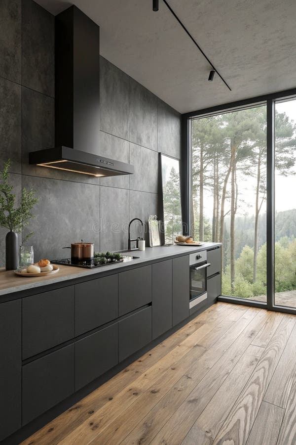 Front View of Dark Kitchen Interior with Empty Grey Wall Stock Photo ...