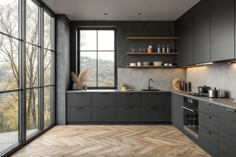 Front View of Dark Kitchen Interior with Empty Grey Wall Stock ...