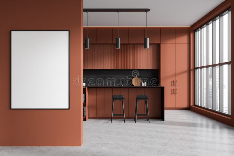 Front View on Dark Kitchen Room Interior with Empty Poster Stock ...