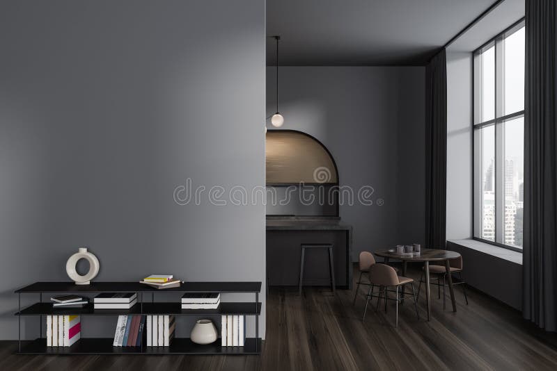 Front View on Dark Kitchen Room Interior with Empty Wall Stock ...