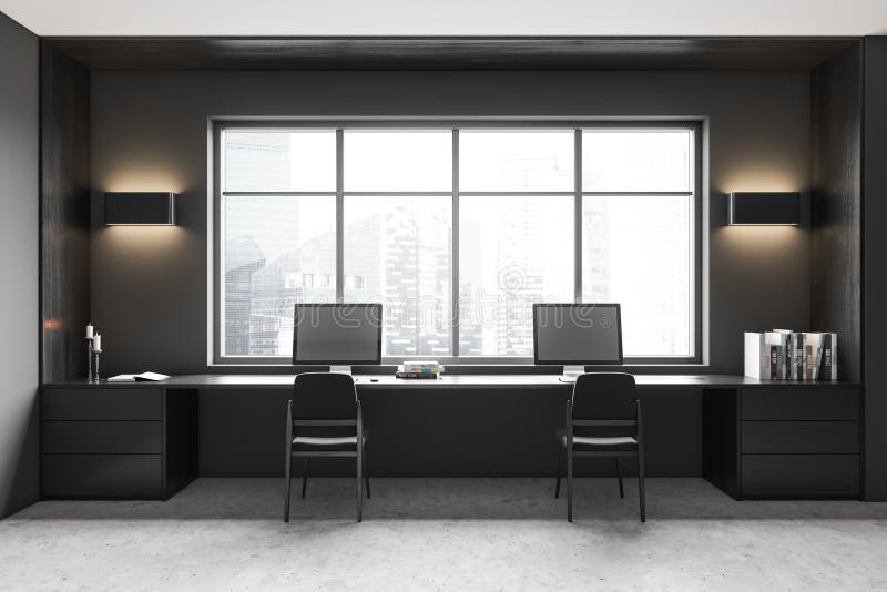 Front View on Dark Office Room Interior with Computers, Desk Stock ...