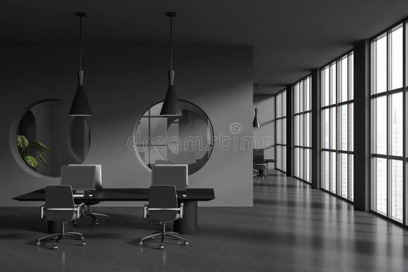 Front View on Dark Office Room Interior with Computers, Desks Stock ...