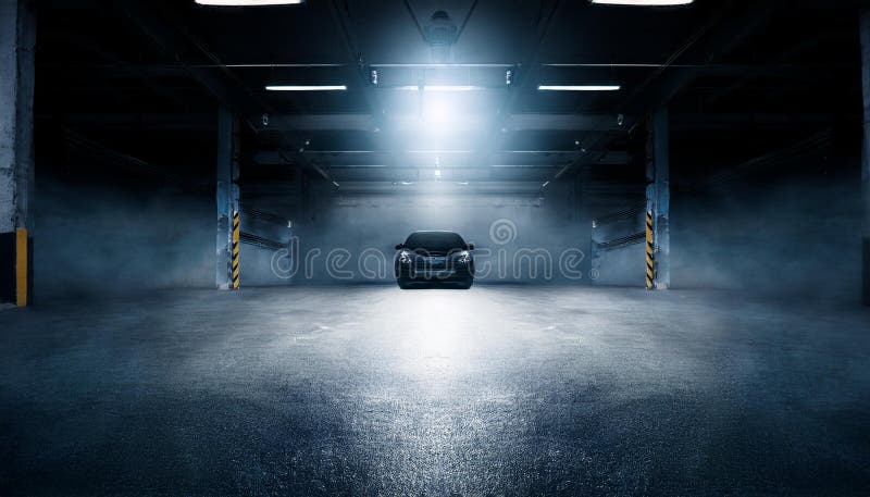 Front View Dark Smokey Garage Interior with Spotlight and Concrete ...