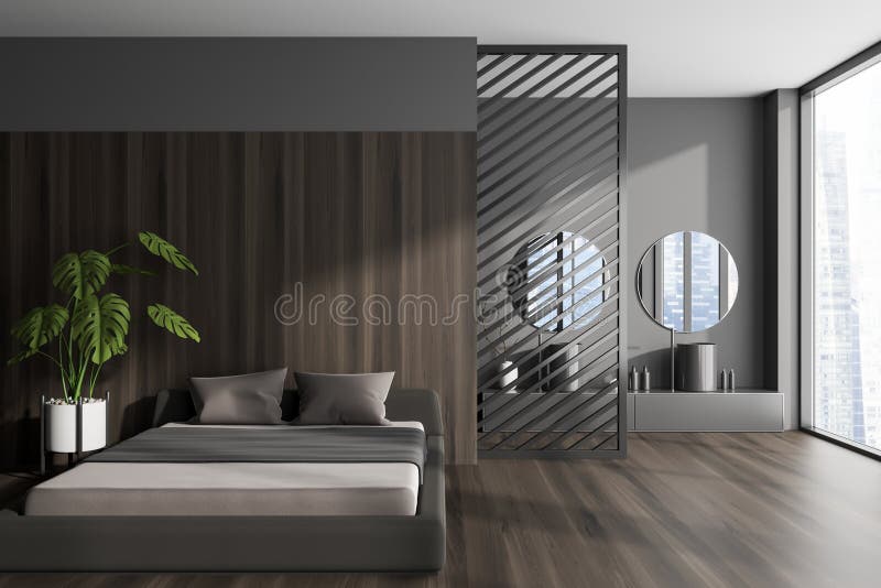 Front View on Dark Studio Interior with Bed, Grey Wall Stock ...