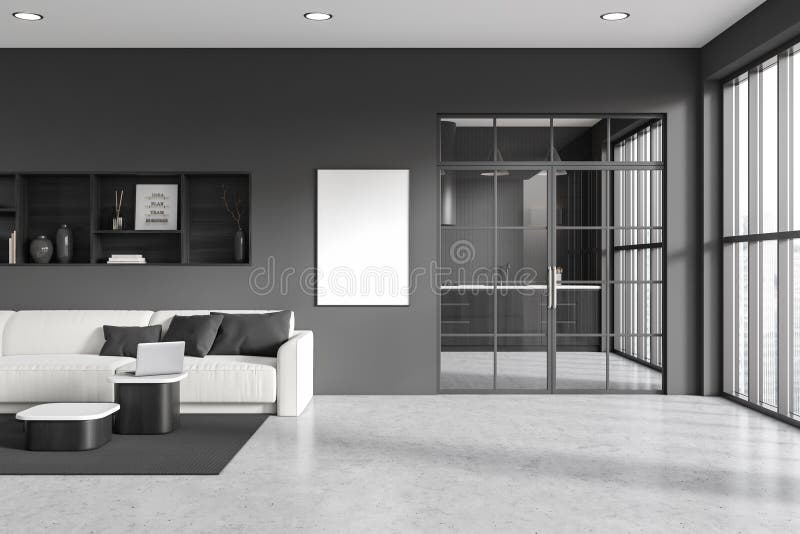 Front View on Dark Studio Room Interior with Empty Poster Stock ...