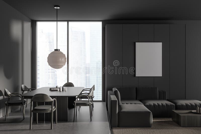 Front View on Dark Studio Room Interior with Empty Poster Stock ...