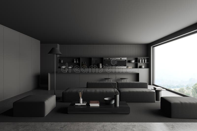 Front View on Dark Studio Room Interior with Island, Sofa Stock ...