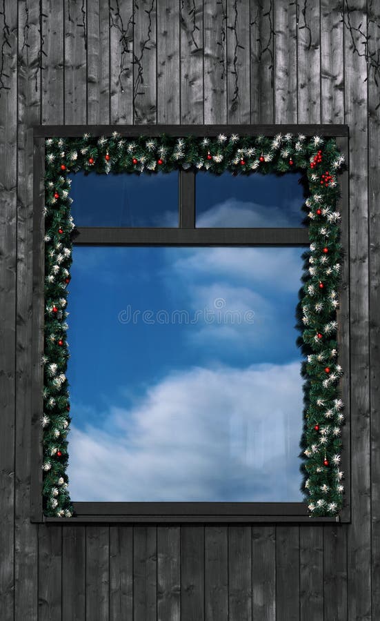 Front View of Decorated Window for Holidays with Reflection of Blue ...