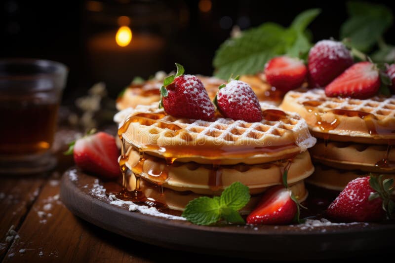 Front View of Delicious Waffle Cookies with Fresh Red Stra Stock ...