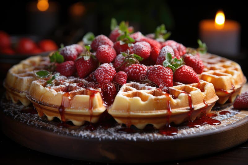 Front View of Delicious Waffle Cookies with Fresh Red Stra Stock ...