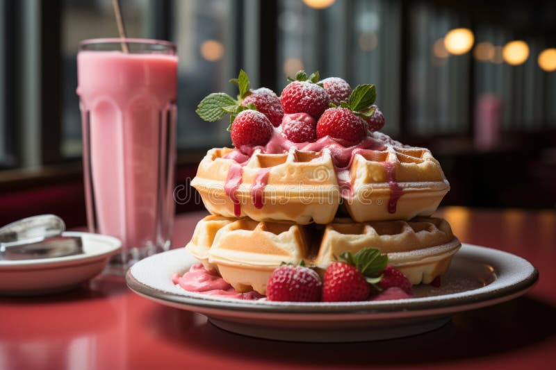 Front View of Delicious Waffles on the Pink Table with a St Stock ...