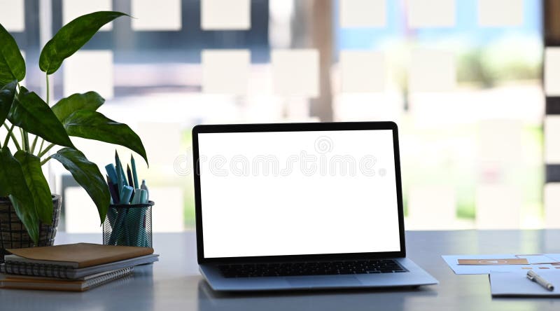 Front View of Designer Workplace with Blank Screen Laptop, Plant ...