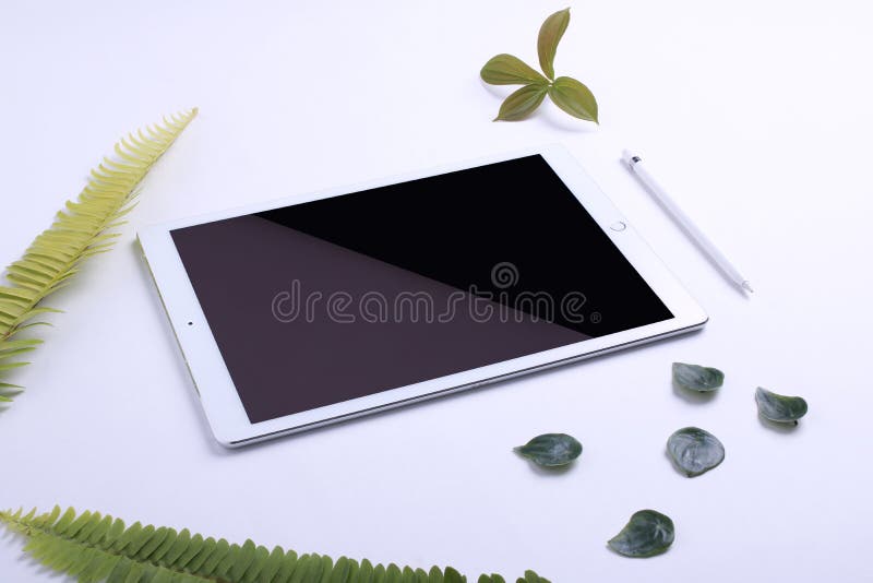 Front View Diagonal of White Tablet Computer with Blank Screen Stock ...