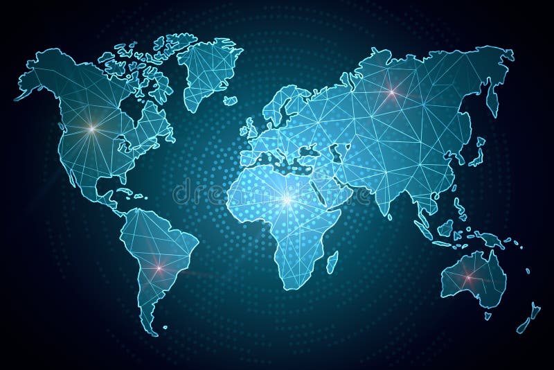 Front View on Digital Graphic Glowing World Map with Dots Connected by ...