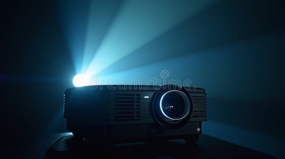 Front View of a Digital Projector Beaming Bright Light in a Dark Room ...
