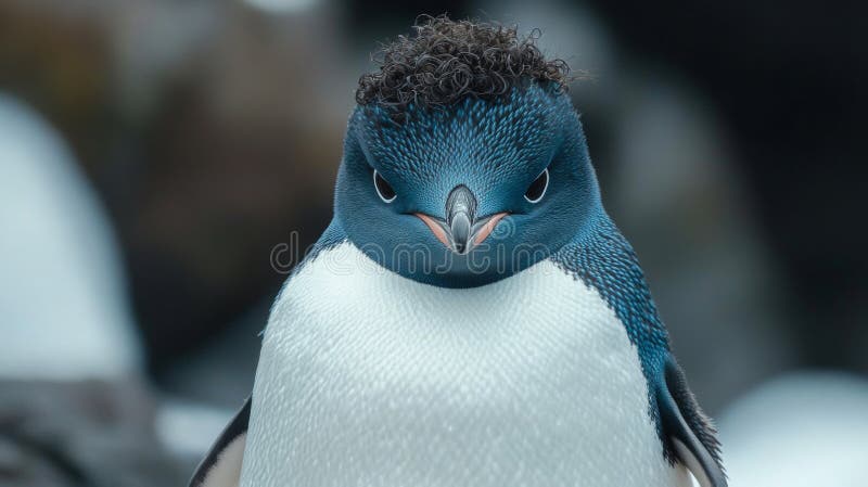 Front View of a Digitally Rendered Penguin with Curly Hair in Blue ...