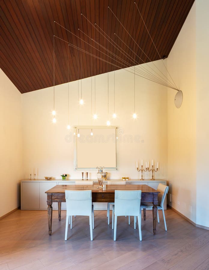Front View Dining Room with Wooden Ceiling Stock Image - Image of lamp ...