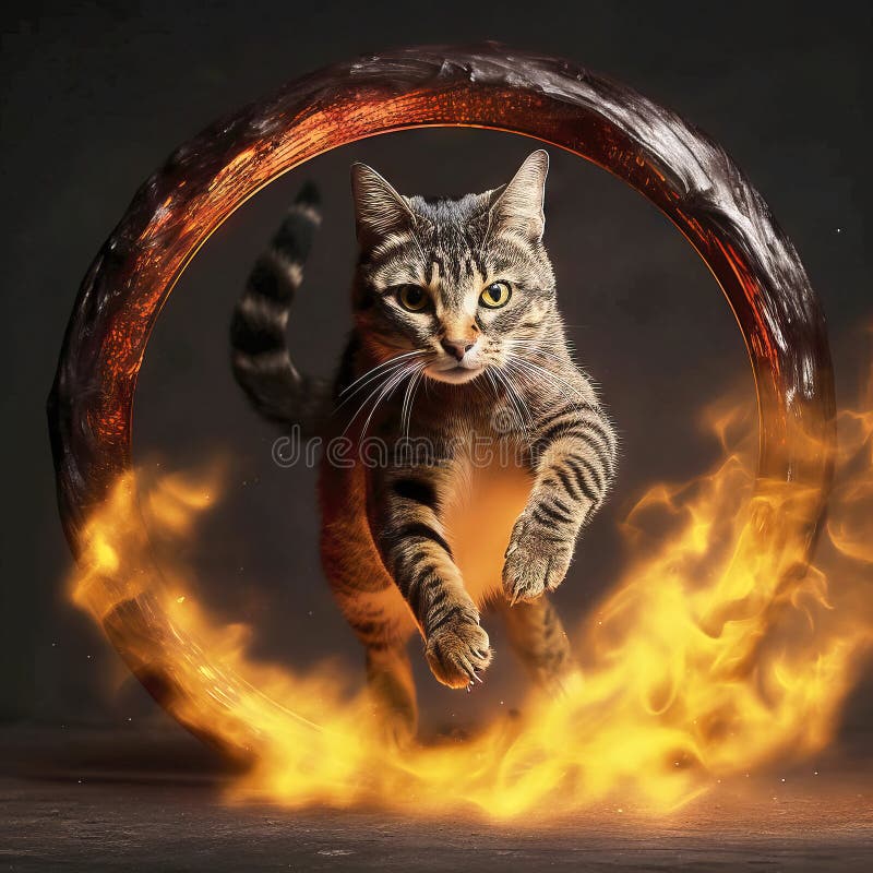 Front View of a Domestic Cat Jumping through a Ring of Fire, Made with ...
