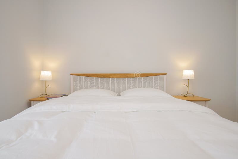 Front View on the Double Bed in the Bedroom Interior Stock Image ...